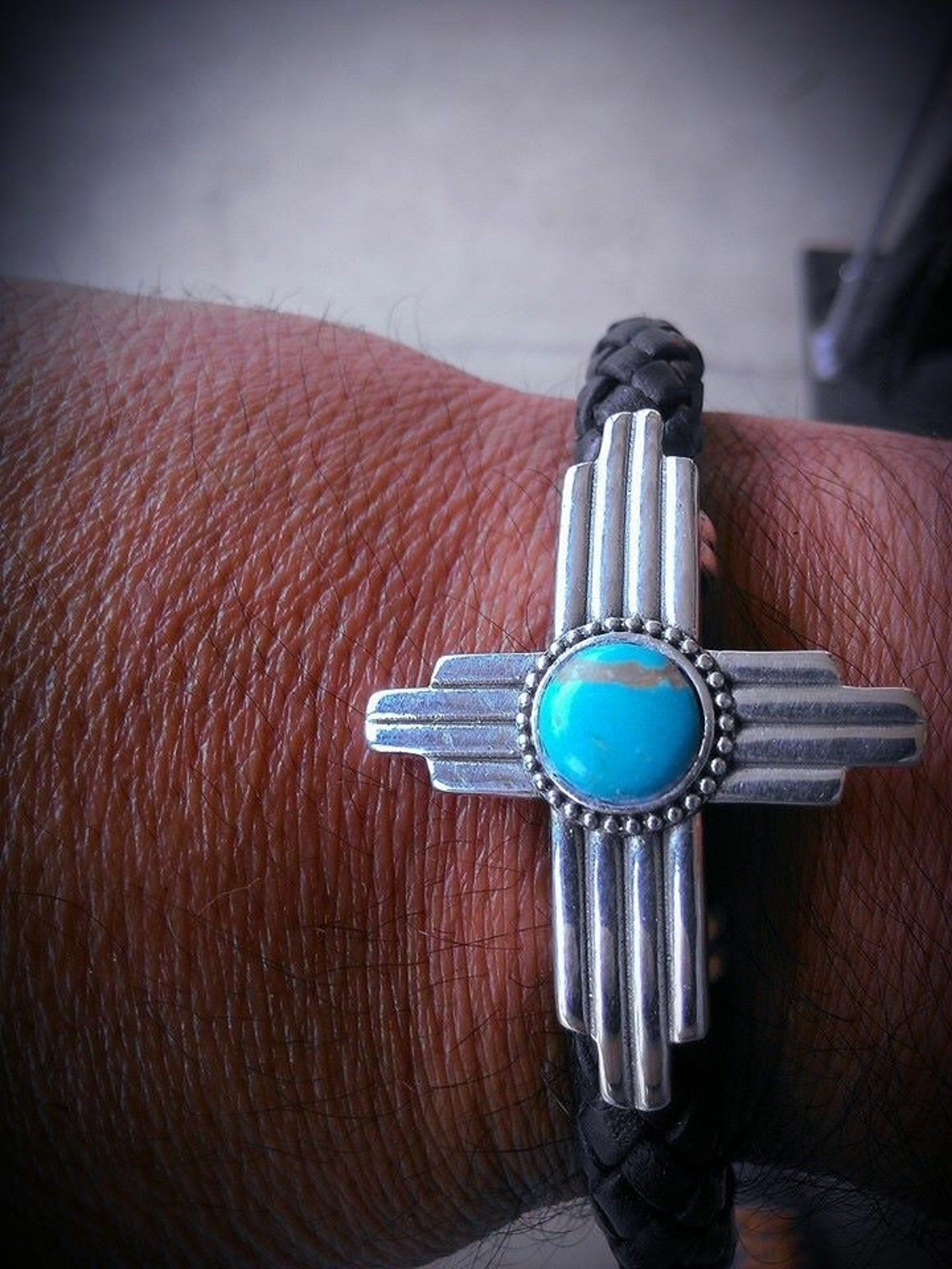 CZ1 Sterling Silver Zia Symbol With Turquoise Braided Leather Silver ...