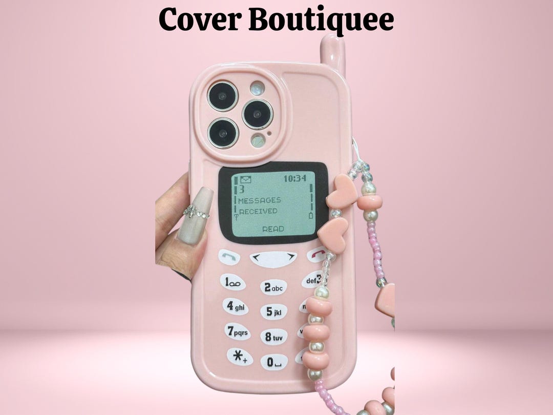 Retro Pink iPhone Case With Keypad Design & Beaded Charm Strap ...