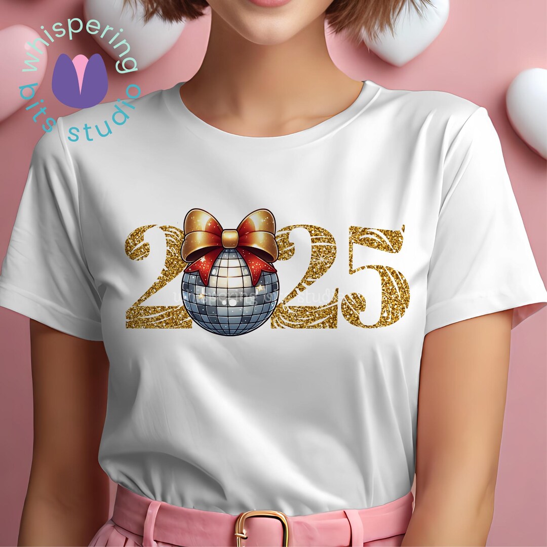 2025 PNG, Disco Ball PNG, New Year PNG, Silver Disco Ball, Gold Bow ...