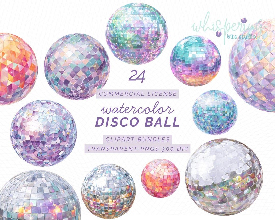 Watercolor Disco Ball Clipart Set of 24 PNG, Retro Party & Disco Theme ...