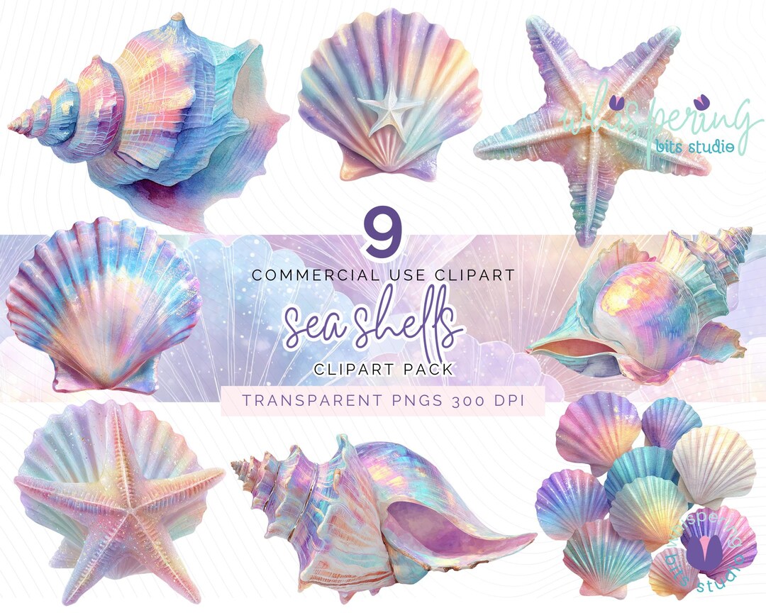 Iridescent Seashells Clipart Set, Sea Shell PNG, Rainbow Ocean Art ...
