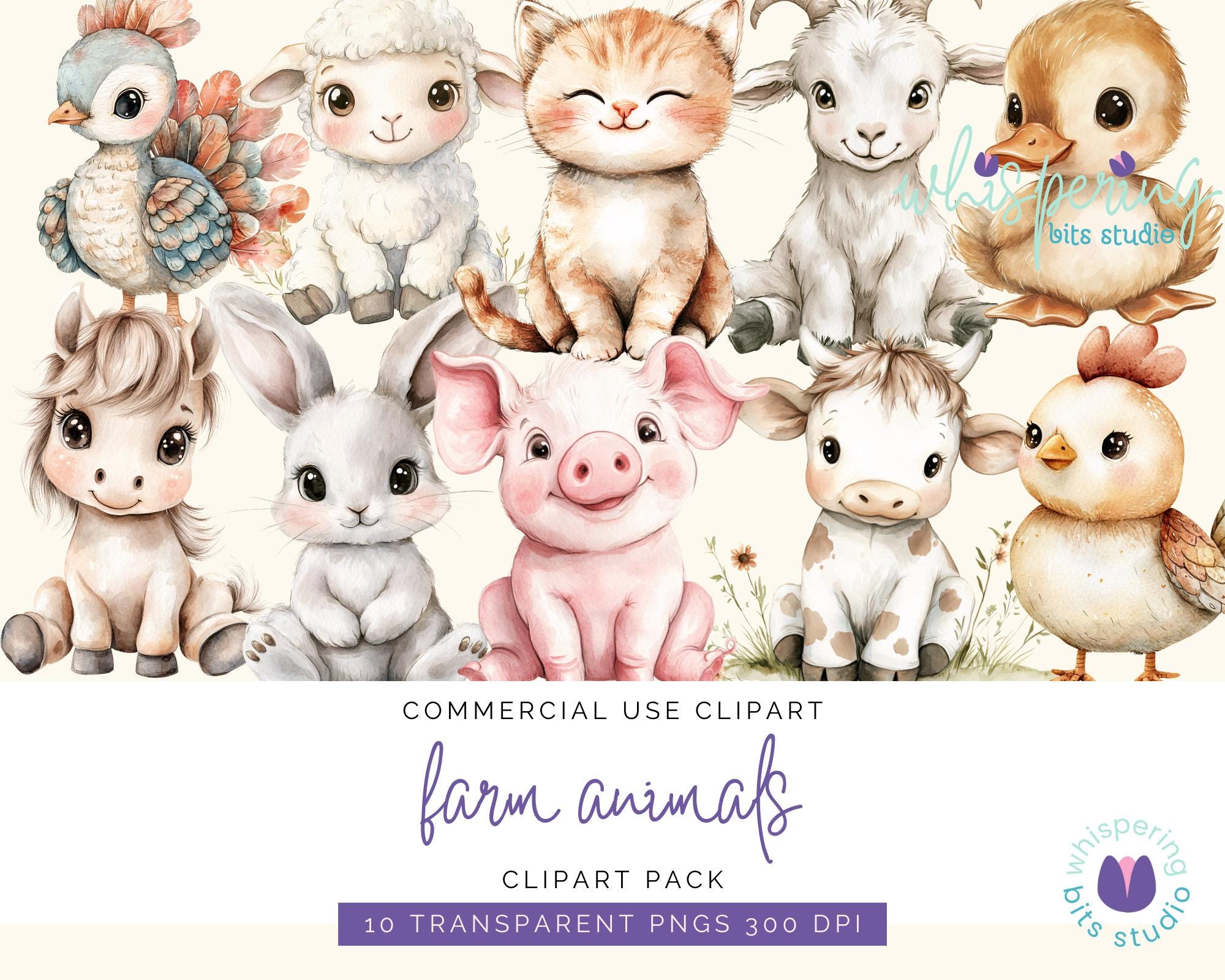 Farm Animal Clipart, Farm PNG, Watercolor Farm Animal Clipart, Cute ...