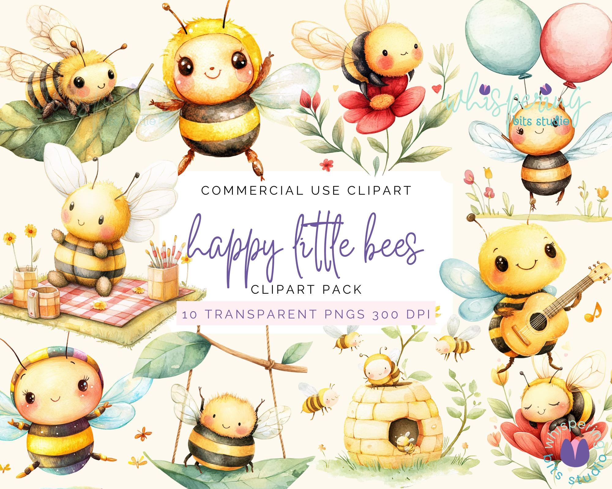 Watercolor Bee Clipart, Honey Bee PNG, Spring Clipart, Cute Bees ...