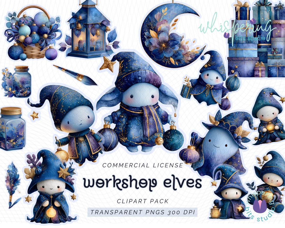 Blue Workshop Elves PNG Clipart Set, Christmas Elf Clipart, Watercolor ...
