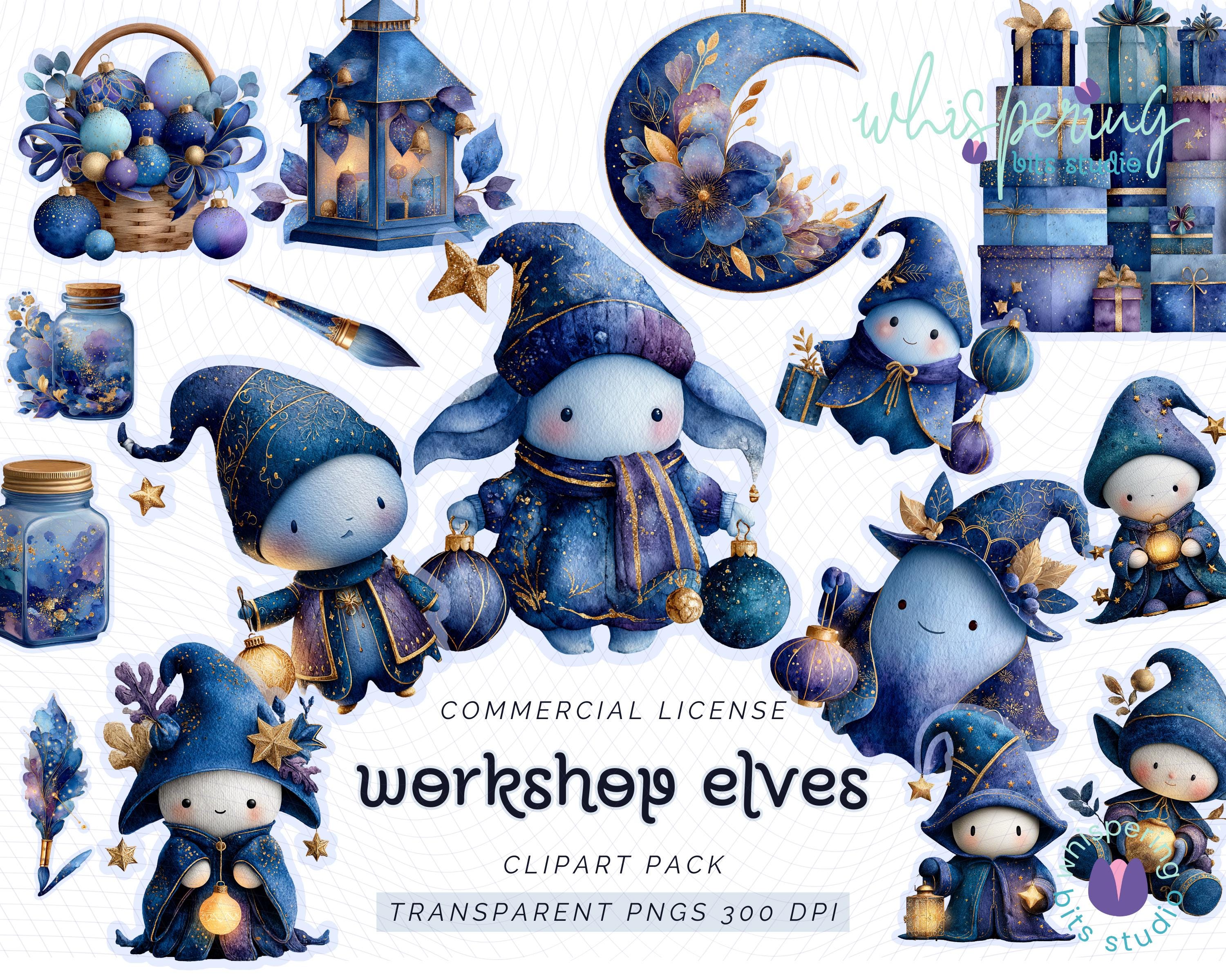 Blue Workshop Elves PNG Clipart Set, Christmas Elf Clipart, Watercolor ...
