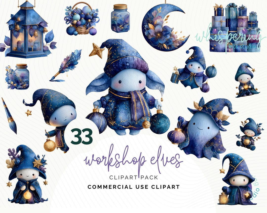 Blue Workshop Elves PNG Clipart Set, Christmas Elf Clipart, Watercolor ...