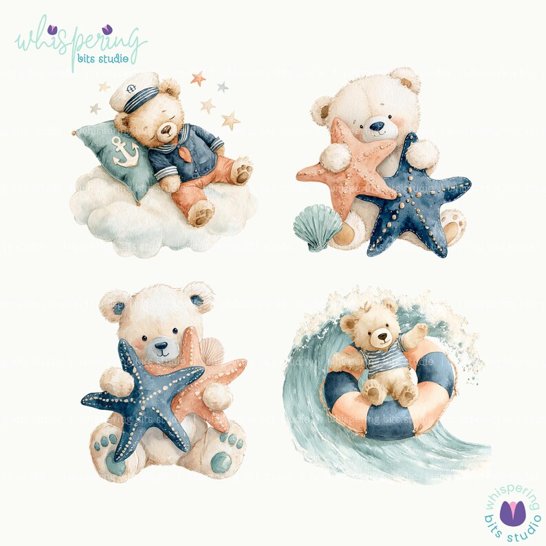 Sailor Bear PNG Clipart Set, Cute Nautical Bear Clipart, Watercolor ...