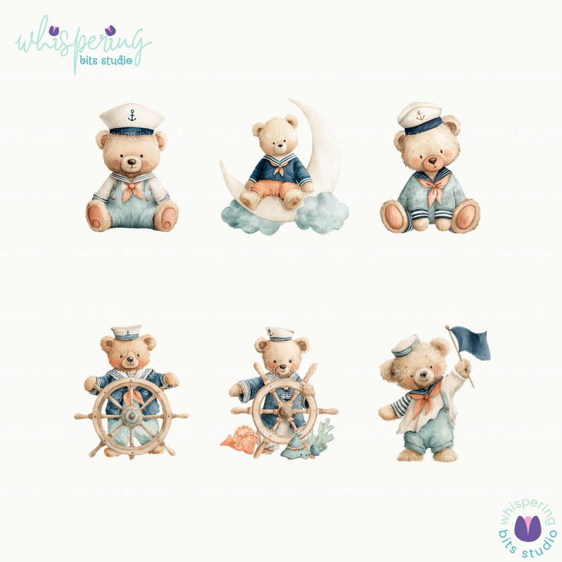 Sailor Bear PNG Clipart Set, Cute Nautical Bear Clipart, Watercolor ...
