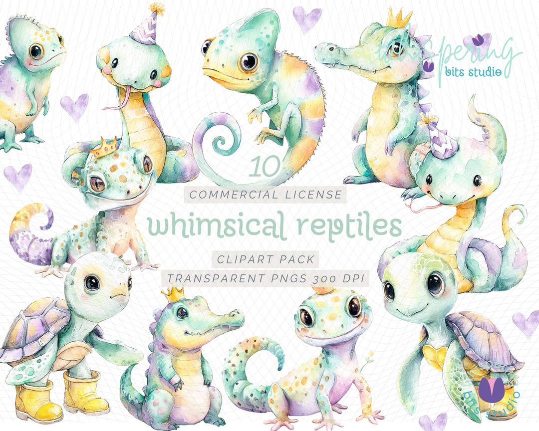 Reptile Clipart Set of 10, Whimsical Animals PNG, Pastel Watercolor ...