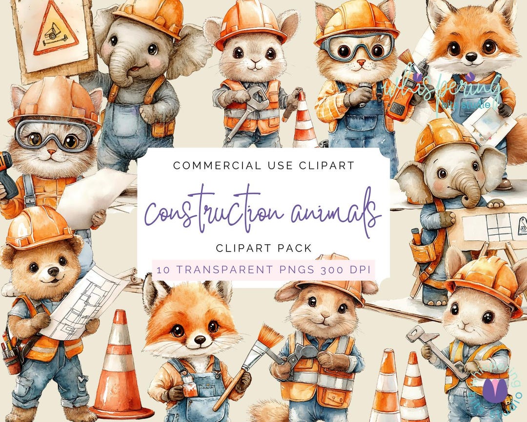 Construction Animals Clipart Pack, Construction Birthday Theme, Animals ...