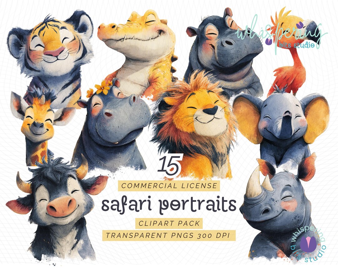 Safari Animal Watercolor Clipart Bundle PNG, Cute Jungle Animals ...