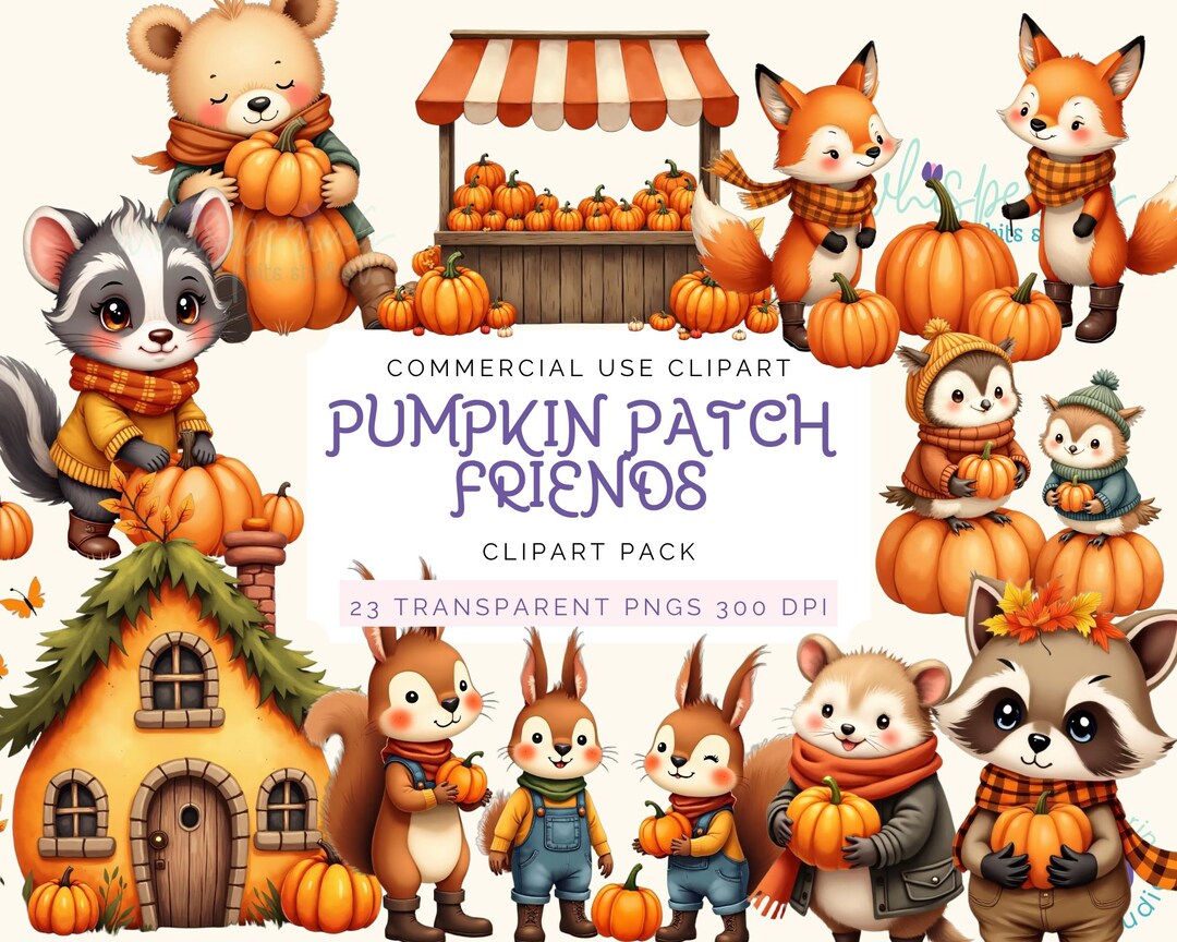 Pumpkin Patch Friends PNG Clipart: Fall Animals, Kids Design (digital ...