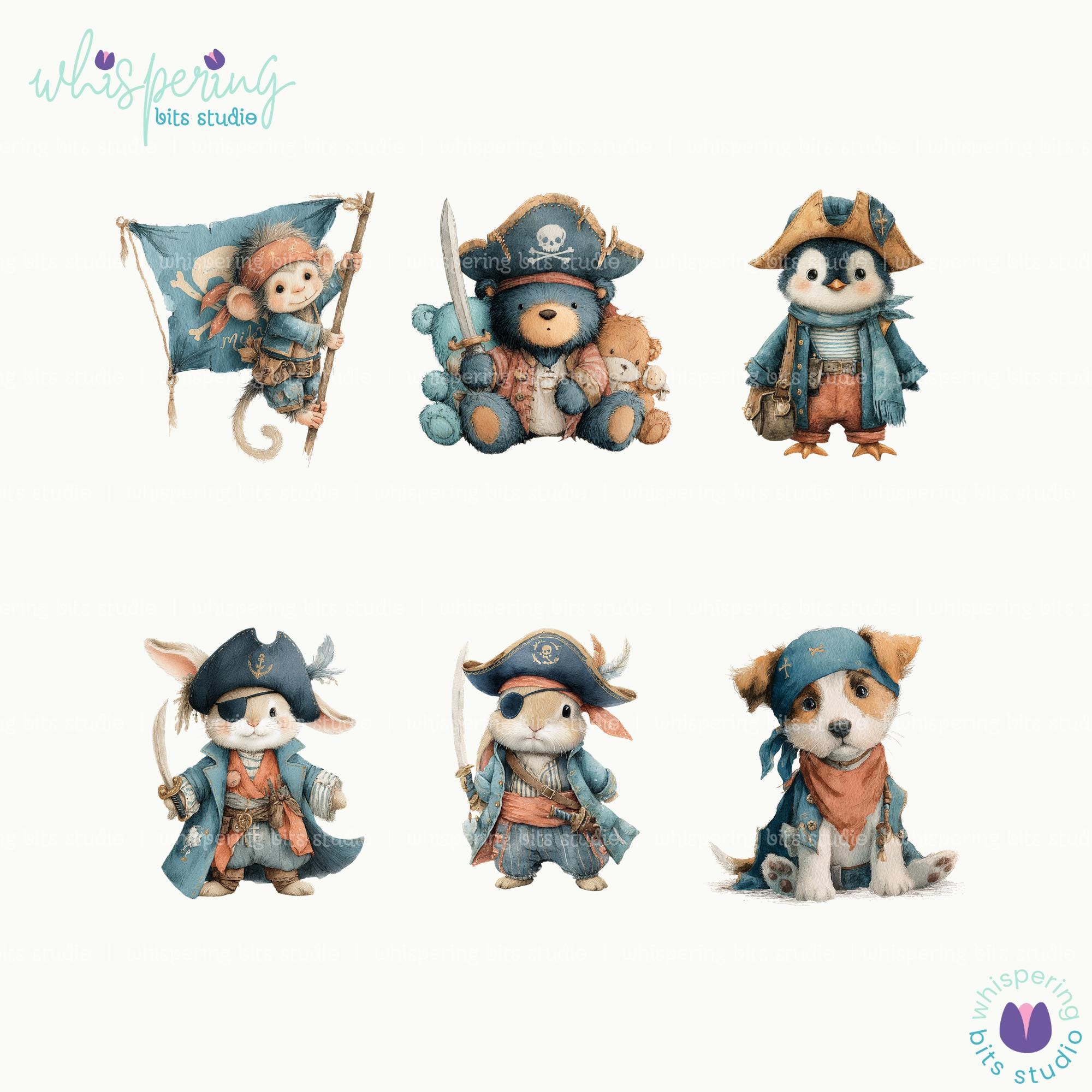 Pirate Animals PNG Clipart Set, Watercolor Pirate Animals, Cute Animal ...