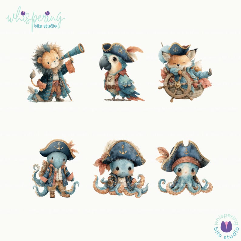 Pirate Animals PNG Clipart Set, Watercolor Pirate Animals, Cute Animal ...