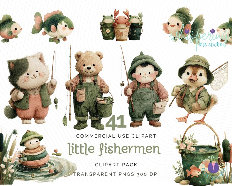 Little Fishermen Clipart, Cute Fishing Animals PNG, Bear and Cat ...