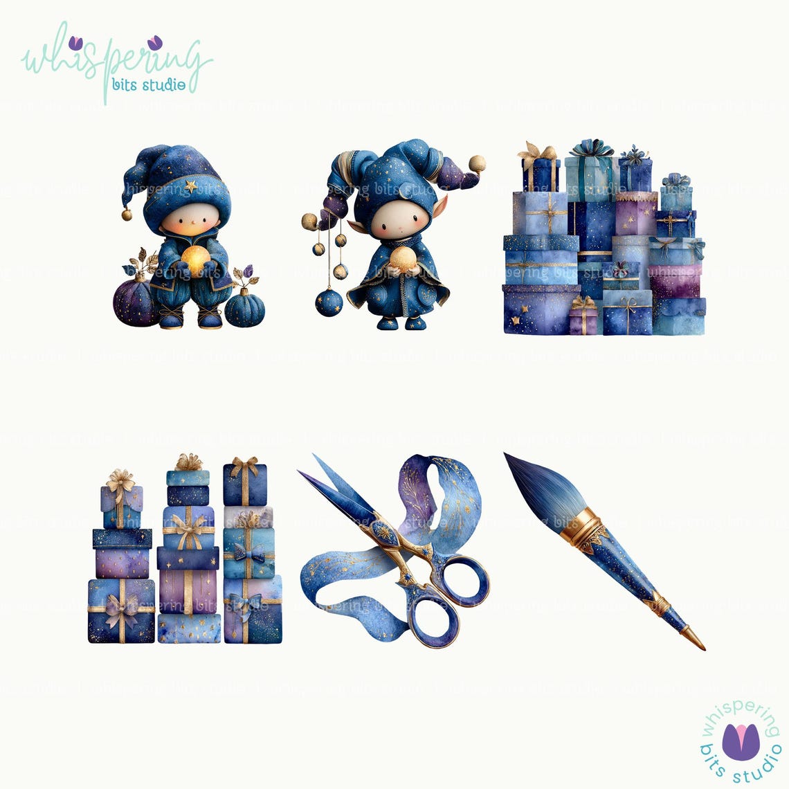 Blue Workshop Elves PNG Clipart Set, Christmas Elf Clipart, Watercolor ...