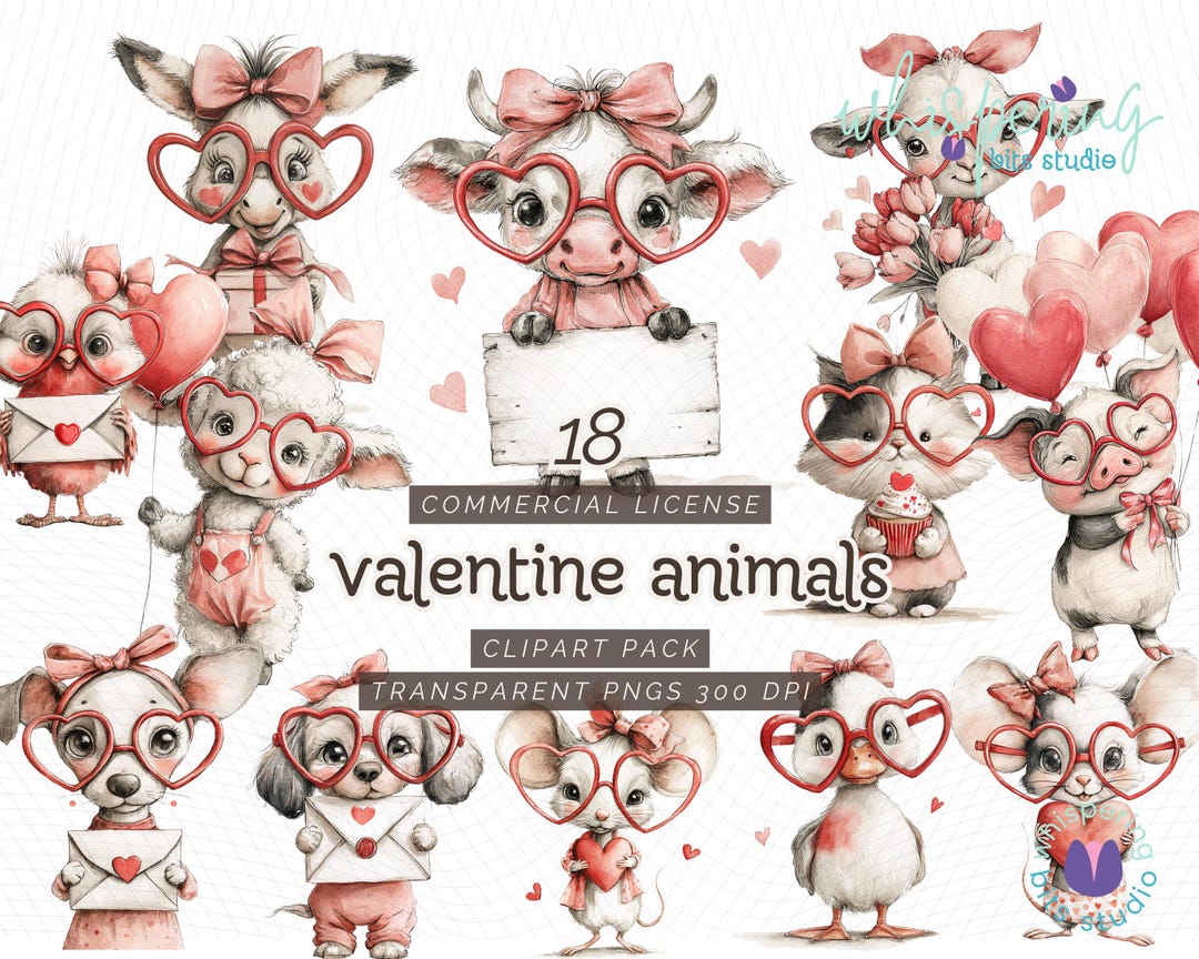Valentine Animals Clipart PNG Set of 18, Cute Love Animals With Heart ...