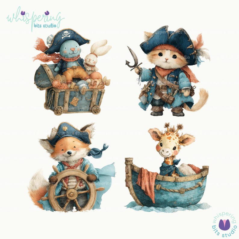 Pirate Animals PNG Clipart Set, Watercolor Pirate Animals, Cute Animal ...