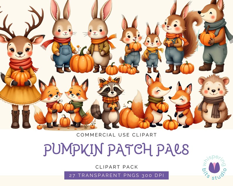 Fall Animals Clipart PNG: Pumpkin Patch Pals for Nursery Decor - Etsy