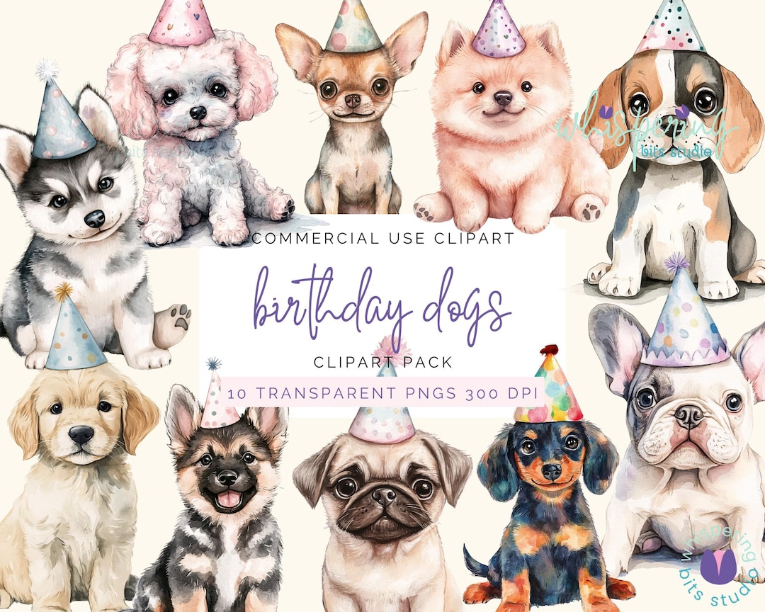 Birthday Dogs Clipart, Dogs Party, Puppy Breeds Clipart, Birthday ...