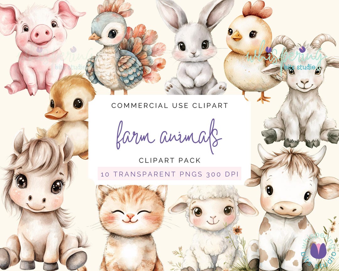 Farm Animal Clipart, Farm PNG, Watercolor Farm Animal Clipart, Cute ...