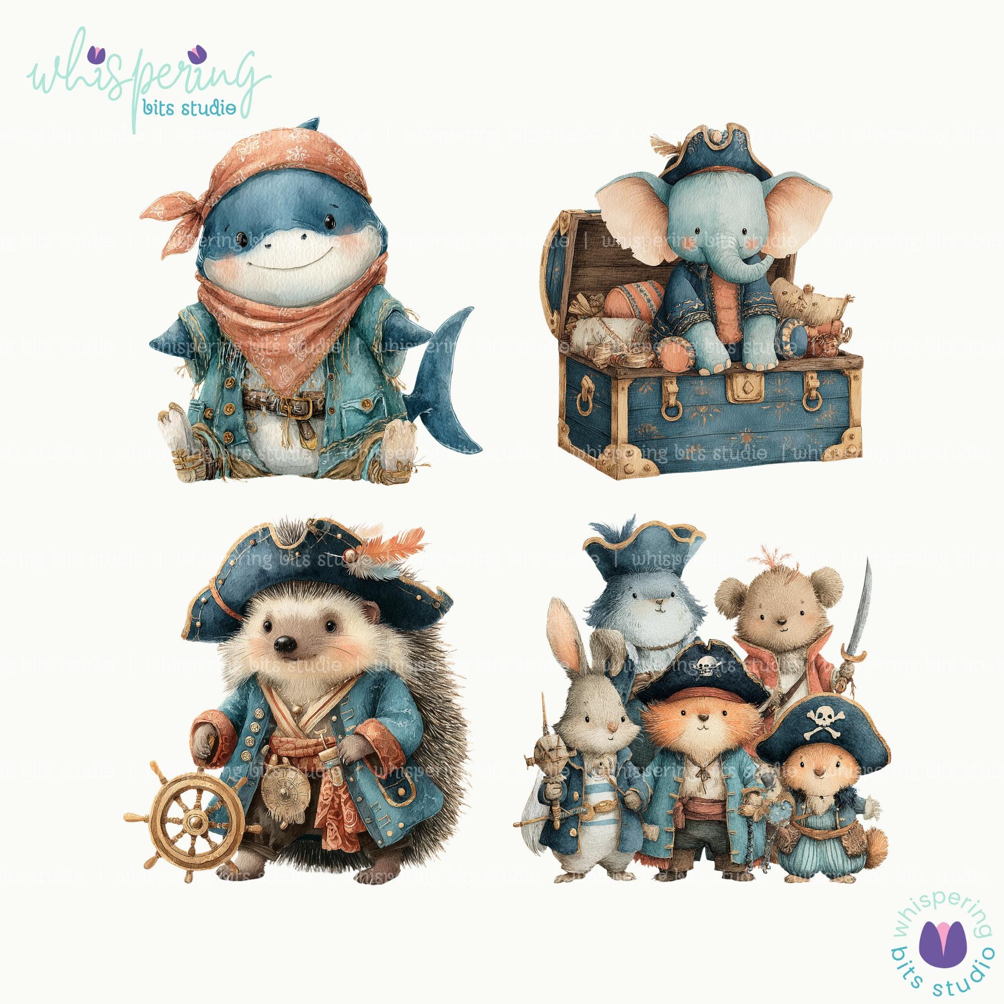 Pirate Animals PNG Clipart Set, Watercolor Pirate Animals, Cute Animal ...