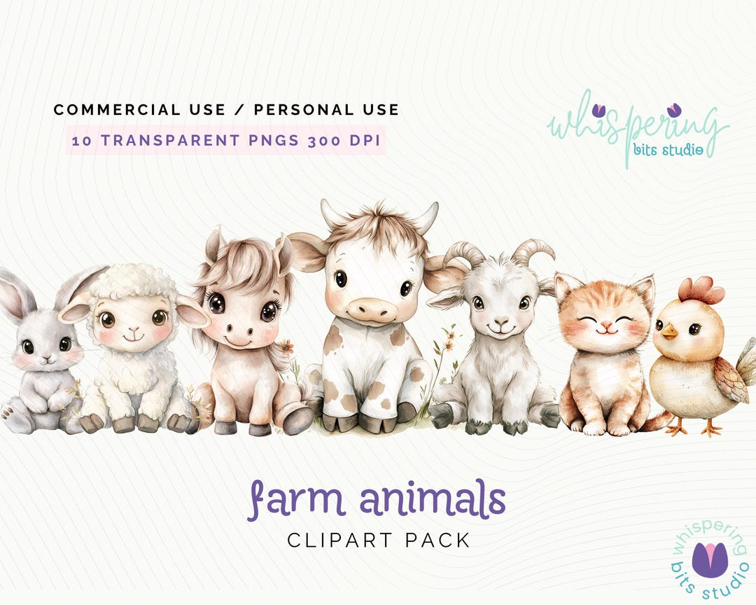 Farm Animal Clipart, Farm PNG, Watercolor Farm Animal Clipart, Cute ...