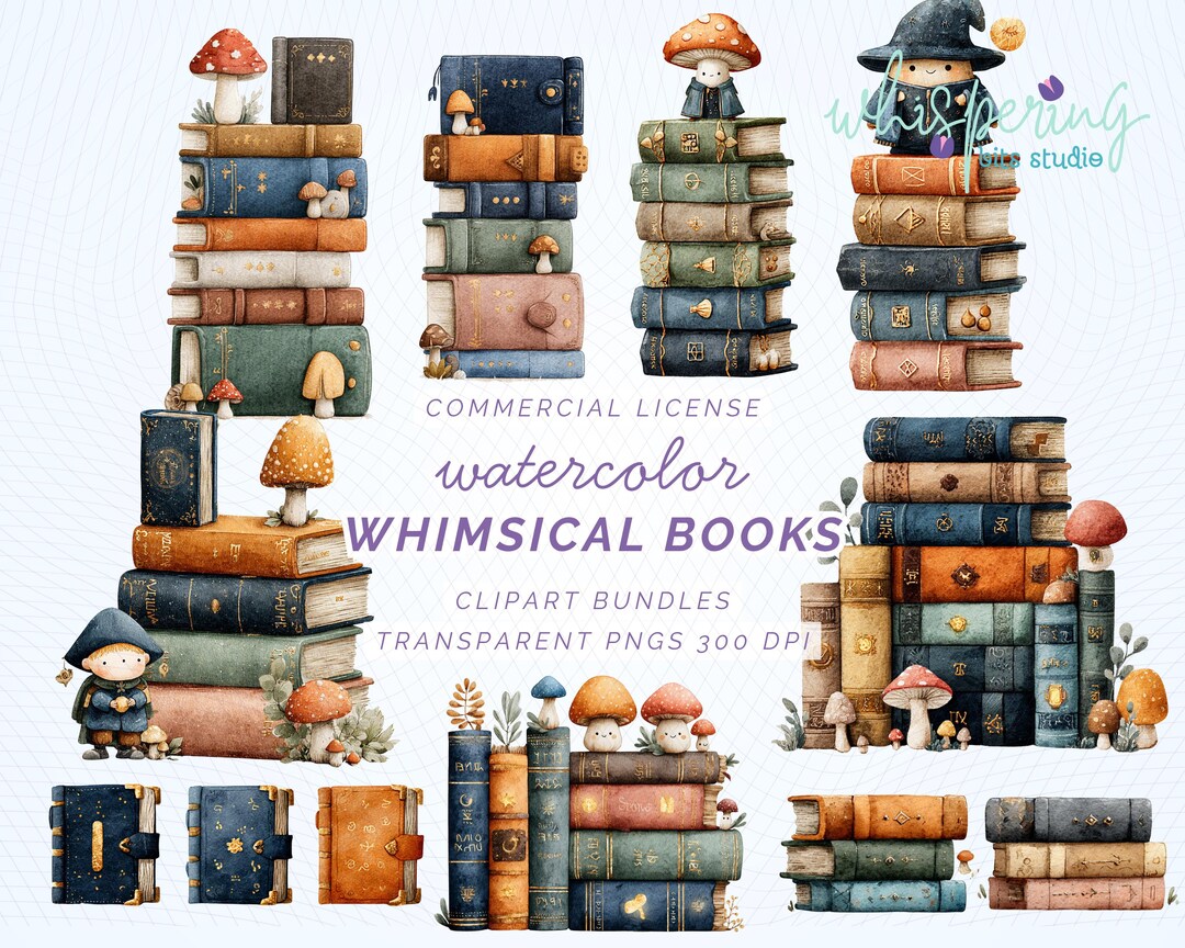 Whimsical Books Clipart, Watercolor Style, Cozy Reading Decor (PNG) - Etsy