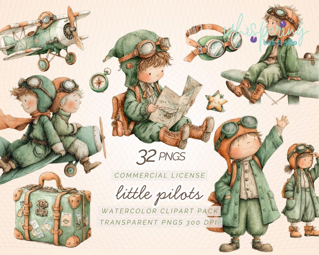 Little Pilots Watercolor Clipart PNG, Vintage Airplane Kids ...