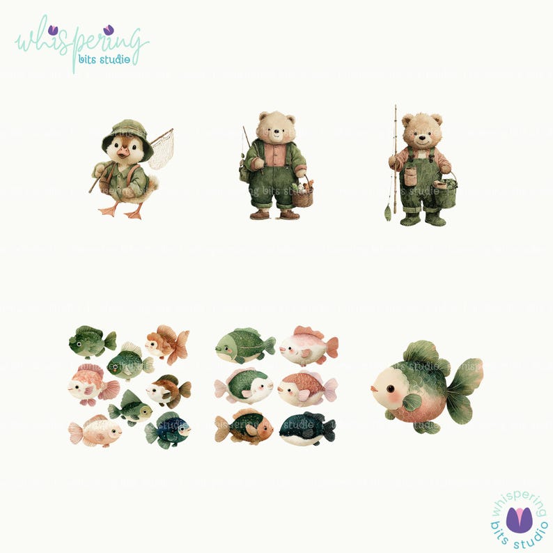 Little Fishermen Clipart, Cute Fishing Animals PNG, Bear and Cat ...