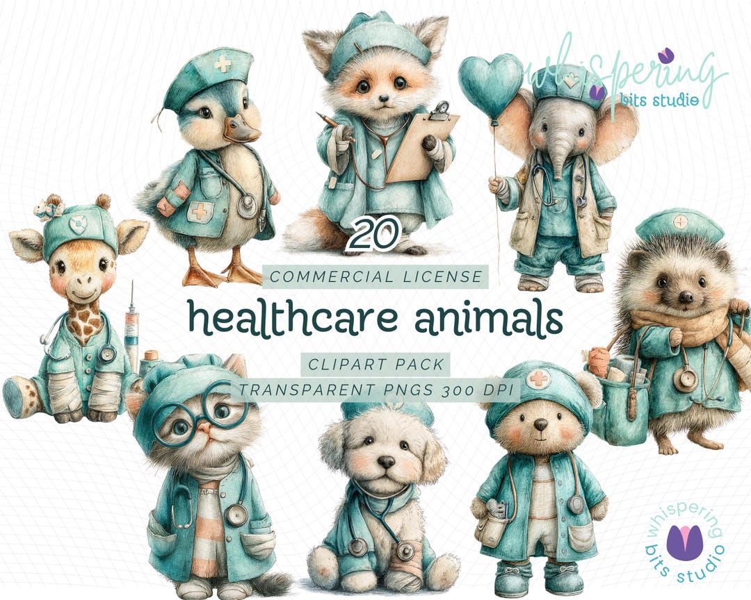 Healthcare Animals Watercolor Clipart Bundle PNG, Cute Medical Animal ...