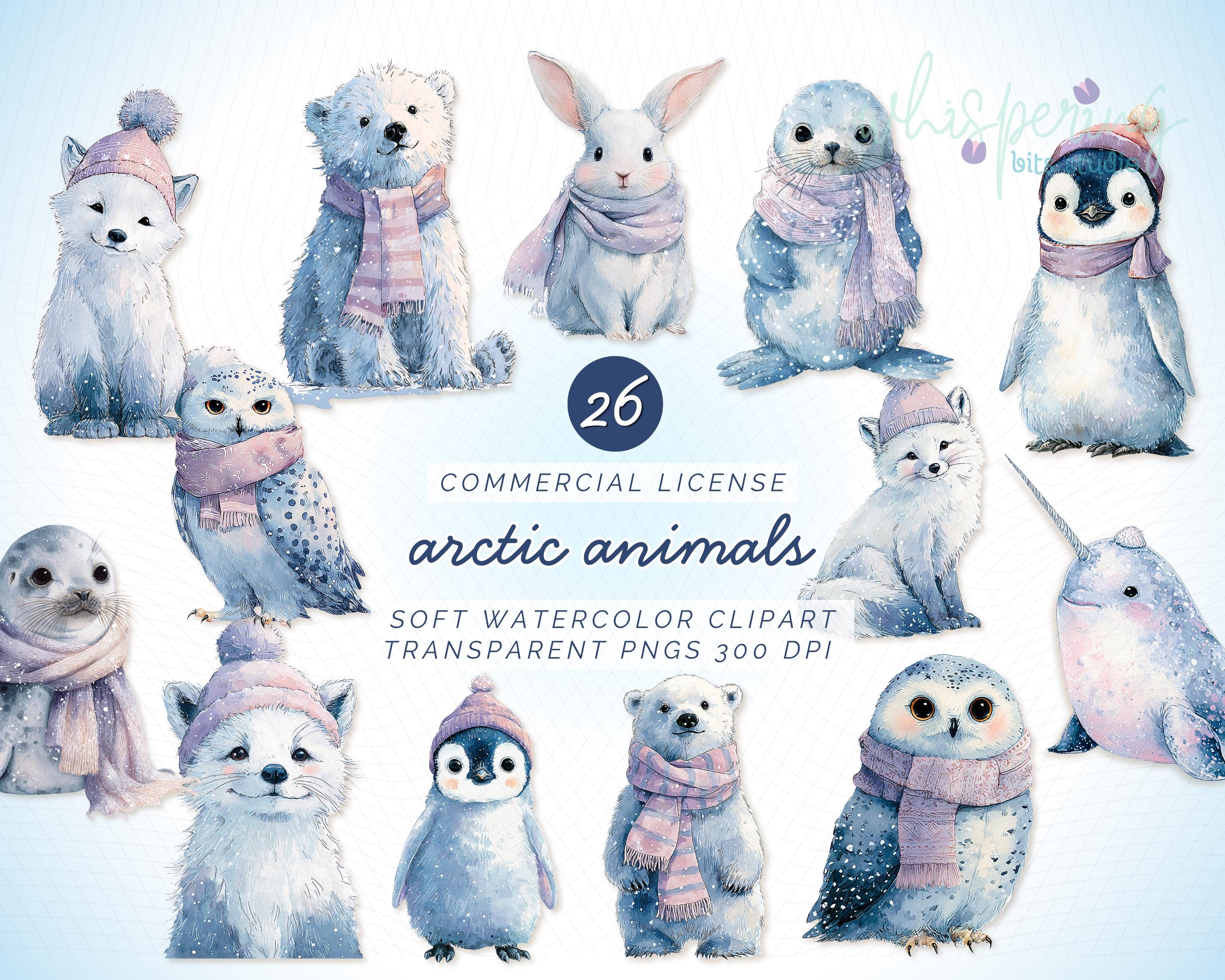 26 Arctic Animal Clipart Bundle, Watercolor Winter Animals, Pink ...
