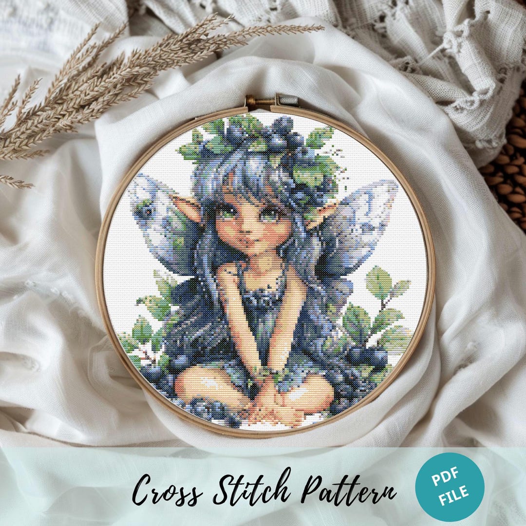 Blueberry Fairy Cross Stitch Pattern, Fairy Fruit Cross Stitch Design ...