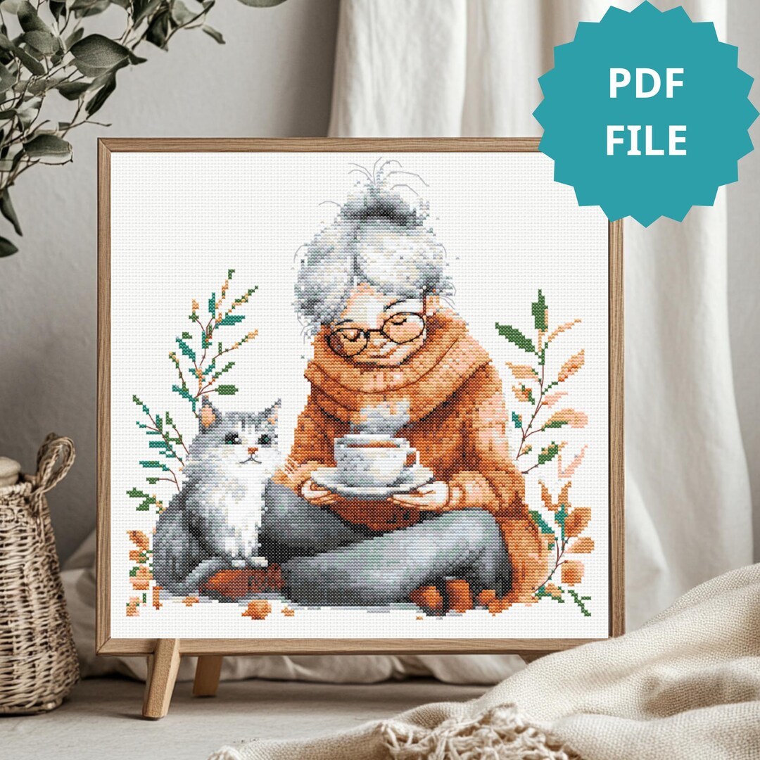 Tea Time With Grandma Cross Stitch Pattern Cat Plants PDF Pattern - Etsy