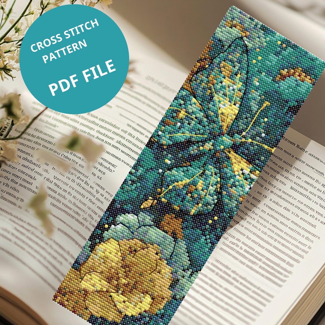Blue and Gold Butterfly Bookmark Cross Stitch Pattern Vivid Monarch ...