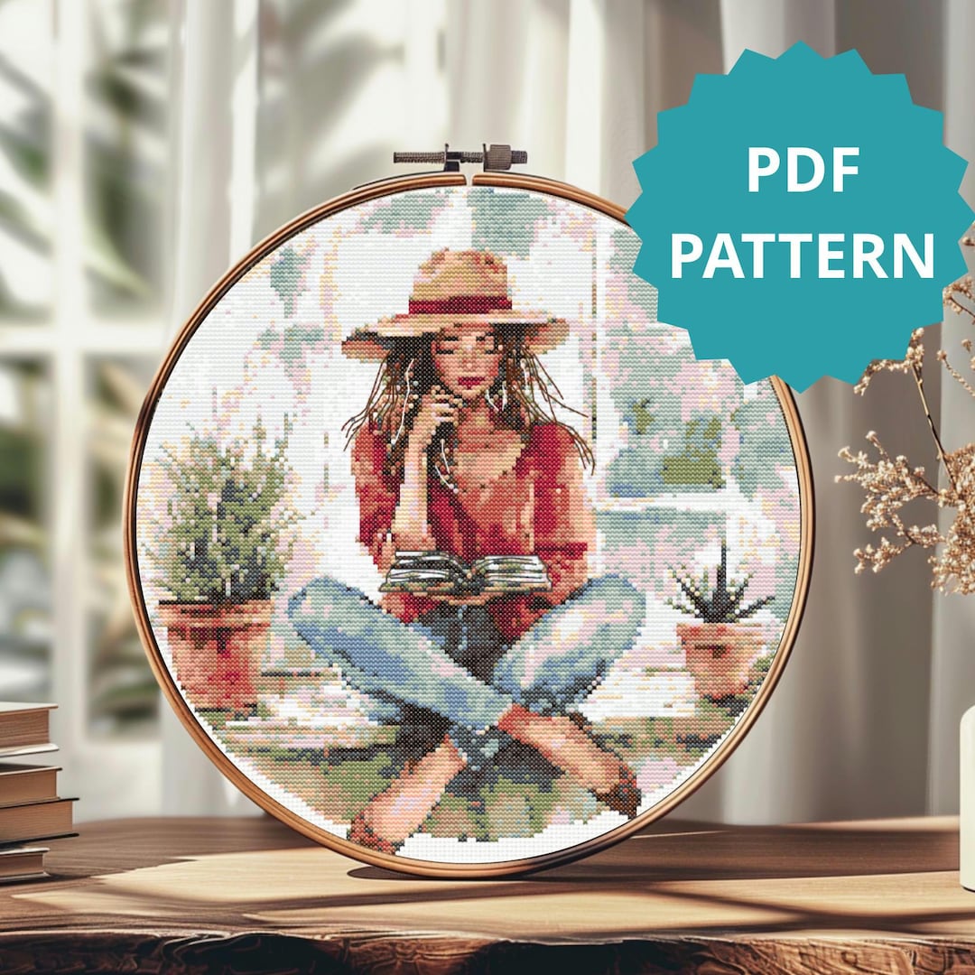 Girl Reading Book Cross Stitch Pattern Reading Nook Embroidery Fashion ...