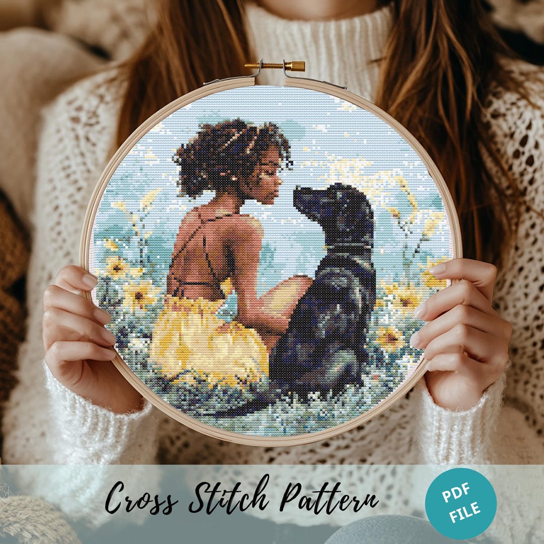 Girl With Black Labrador Cross Stitch Pattern, Black Woman Art ...