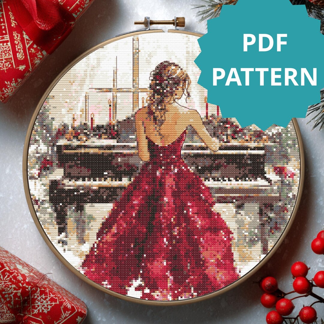 Christmas Piano Girl Cross Stitch Pattern Holiday Room Embroidery PDF ...