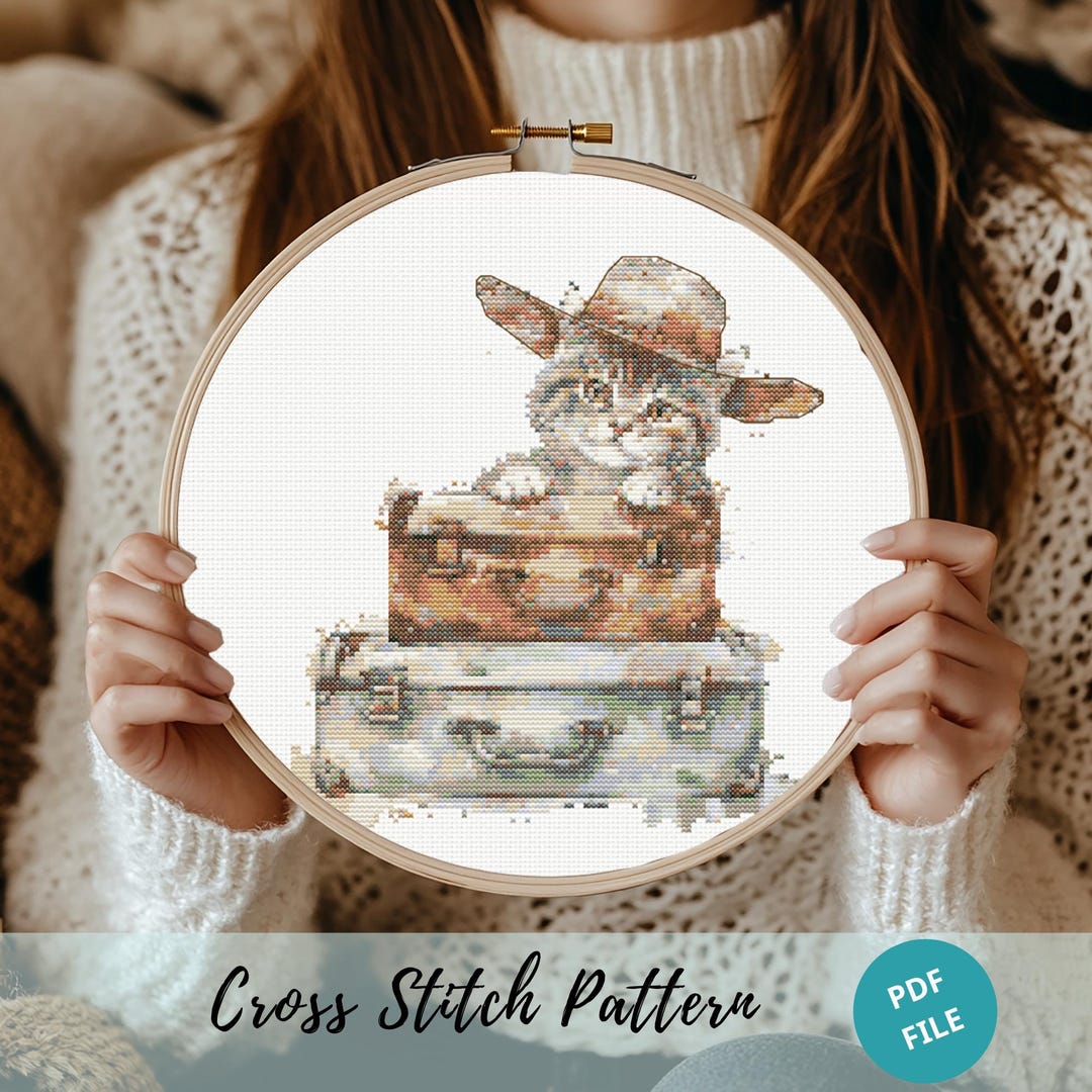 Cottagecore Cat Cross Stitch Pattern PDF Watercolor Kitten Suitcase ...