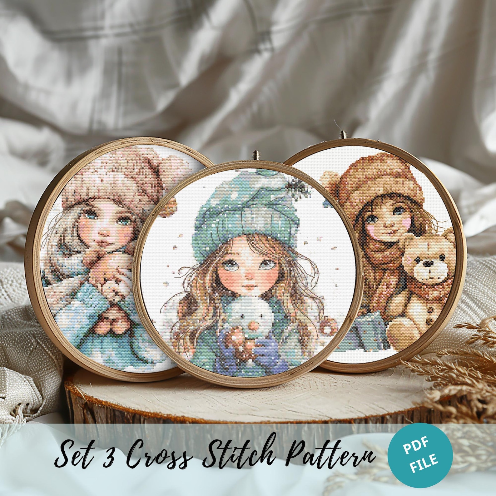 Set 3 Cute Little Girl With Toy Cross Stitch Patterns, Cozy Girl ...