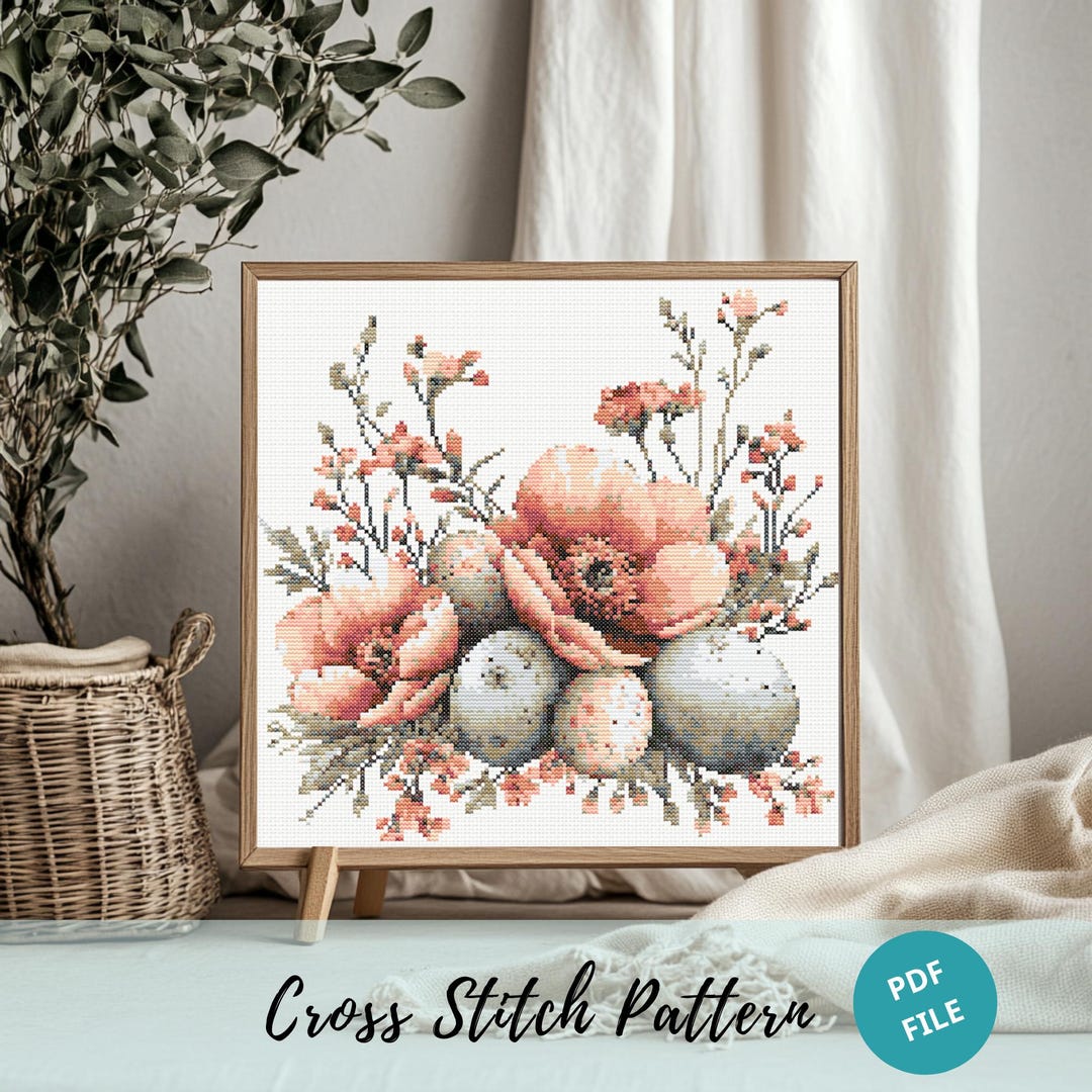 Peonies With Easter Eggs Cross Stitch Pattern, Floral Spring Embroidery ...