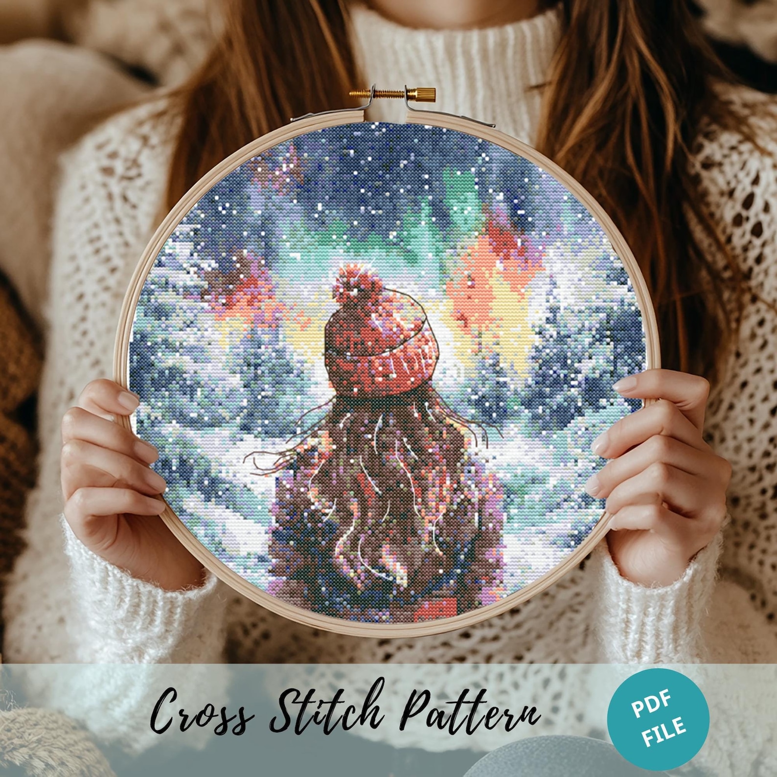 Cross Stitch Girl With Northern Lights, Aurora Borealis Embroidery ...