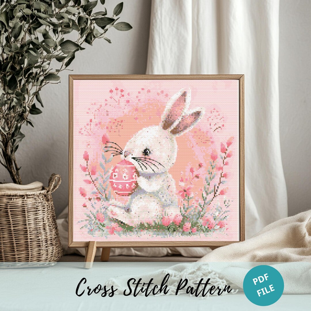 Pink Easter Rubbit Cross Stitch Pattern, Cute Pastel Bunny Embroidery ...