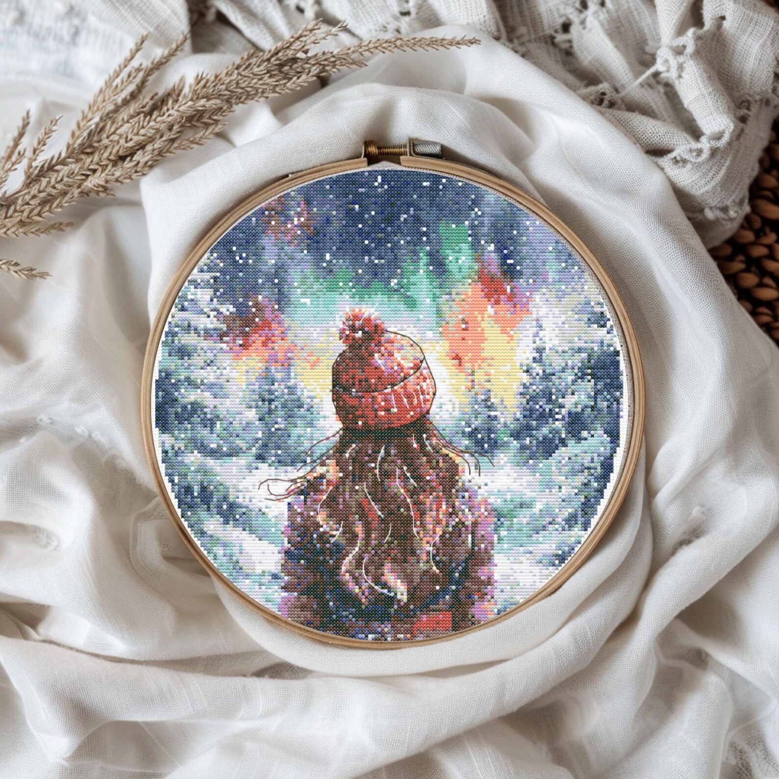 Cross Stitch Girl With Northern Lights, Aurora Borealis Embroidery ...
