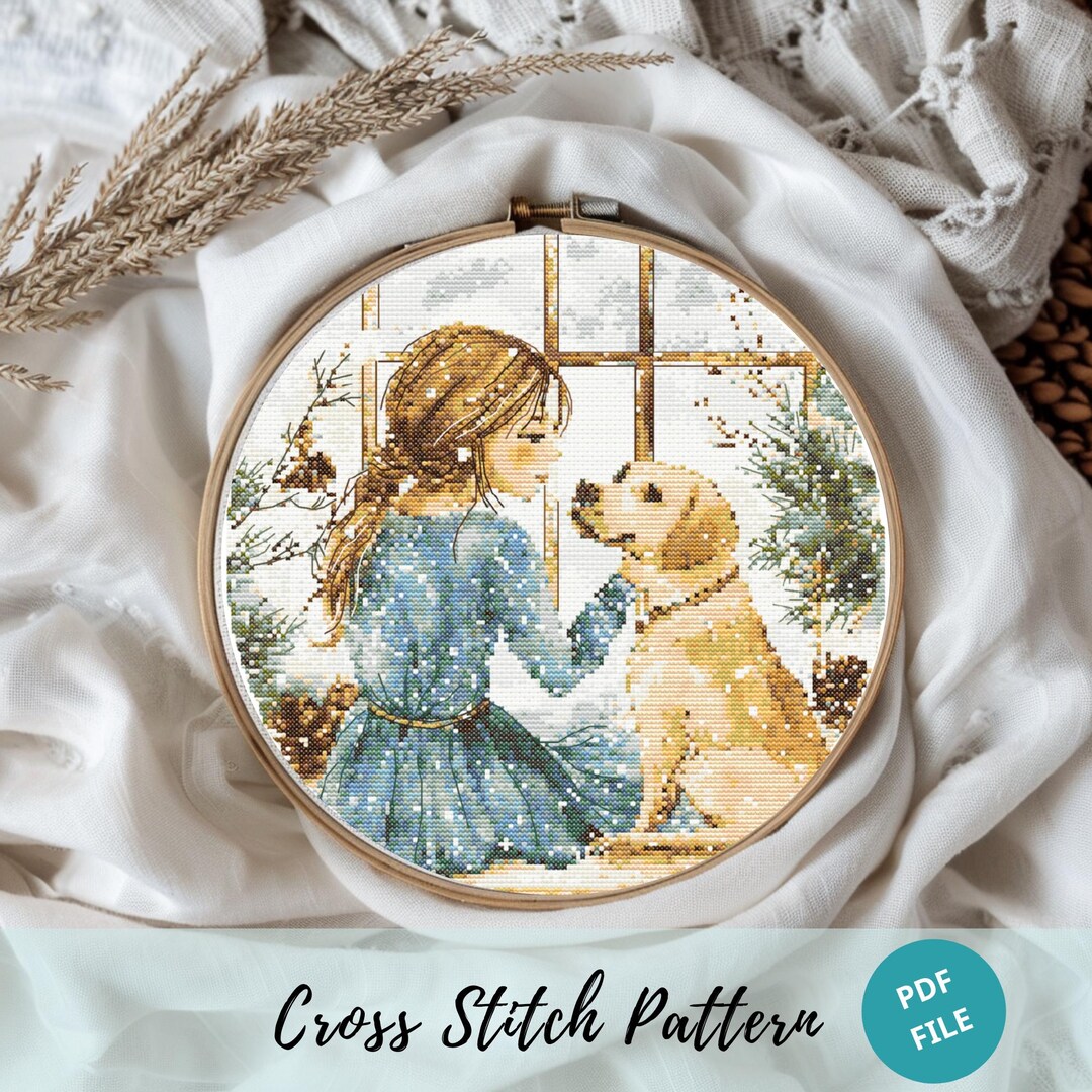 Girl With Golden Labrador Cross Stitch Designs, Xmas Pattern Winter ...