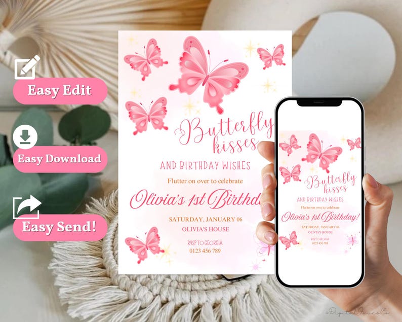 Butterfly Birthday Party Invitation Pink Minimalist Butterfly Kisses ...