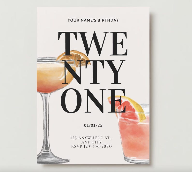 21st Birthday Girl Cocktail Digital Editable Printable Invite Template ...