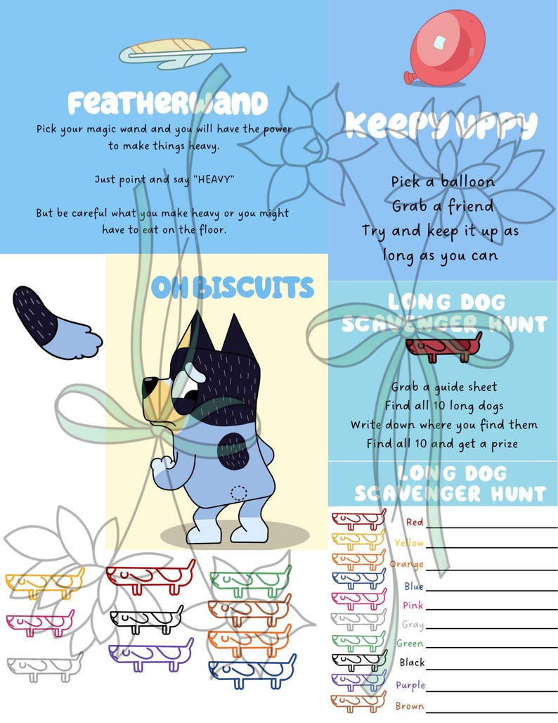 Bluey Party Games, Keepy Uppy, Feather Wand, Pin the Tail, Long Dog ...