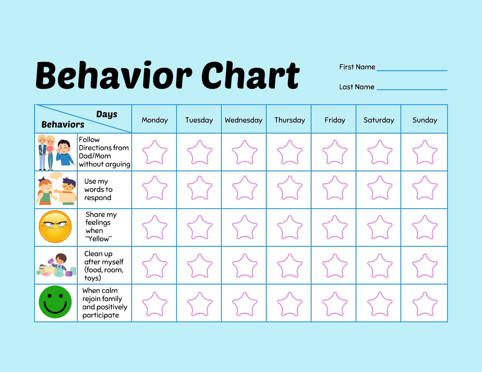 Behavior Chart - Template Landscape - Etsy