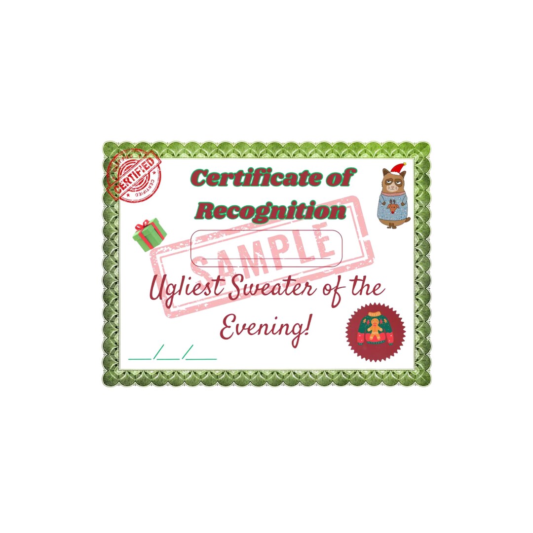 Ugly Sweater Award Certificate - Printable Christmas Party Gag Gift ...